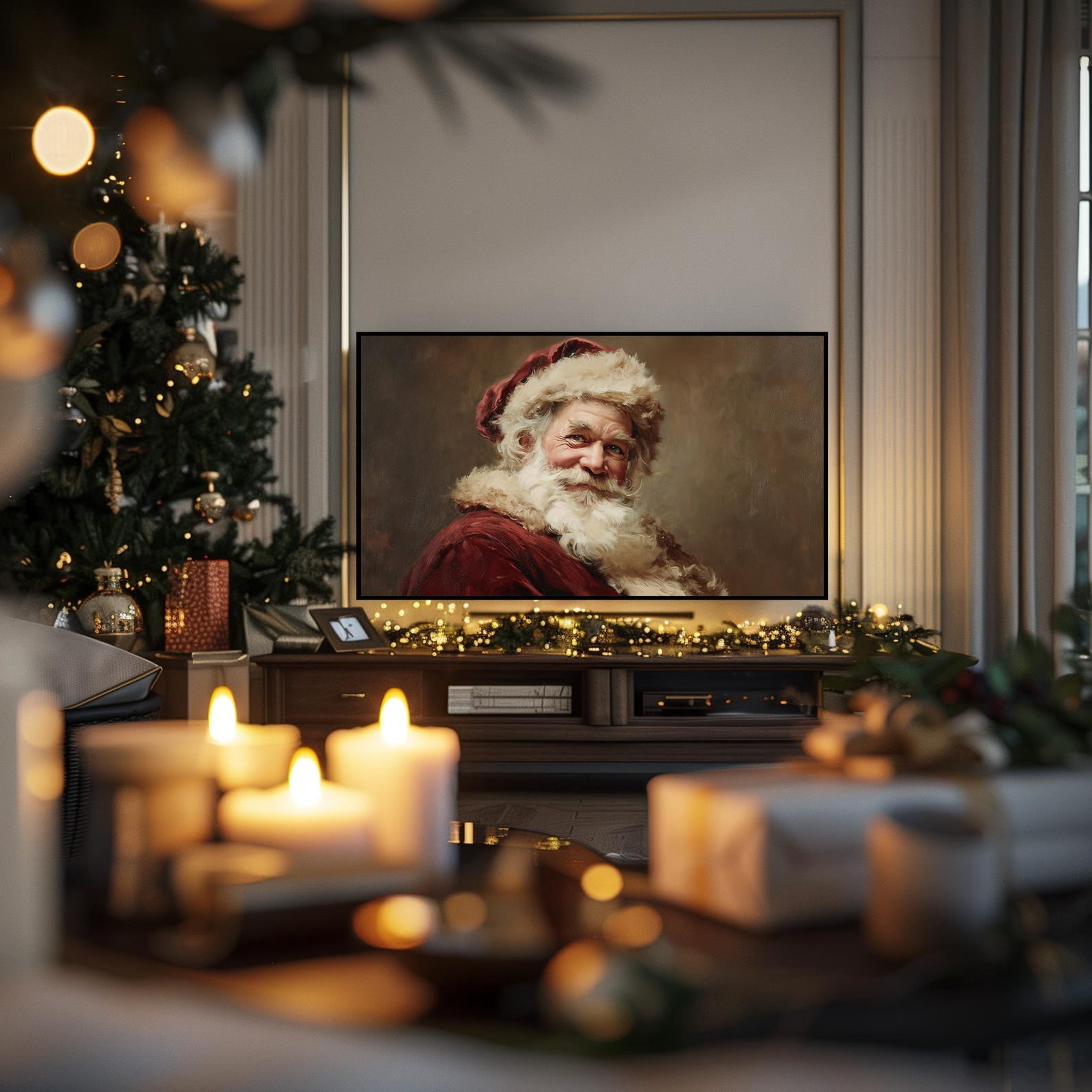 Classic Santa Portrait TV Art, Farmhouse Christmas TV Wall Art, 32x48 ...