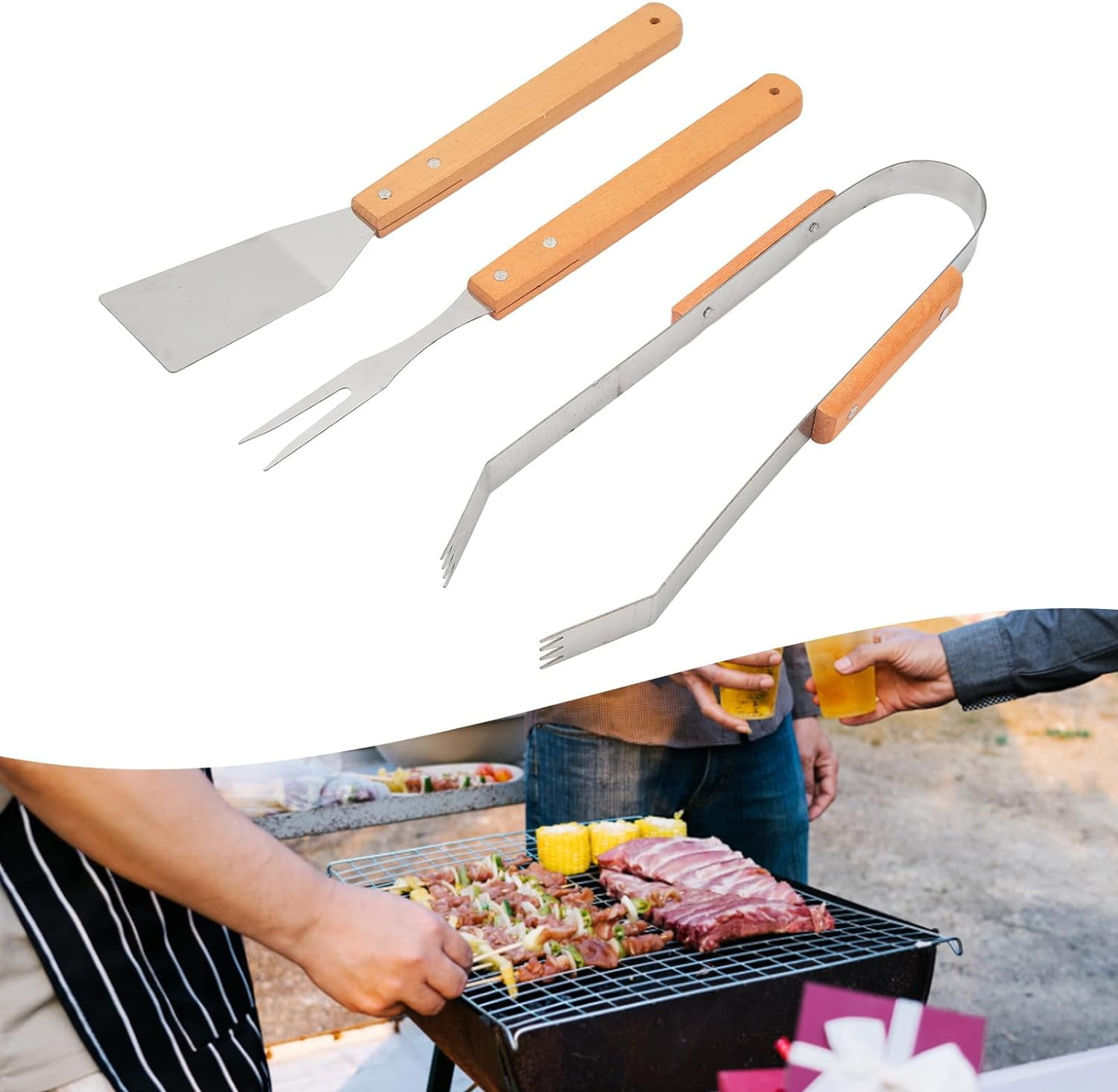 Classic Series 3 Pcs BBQ Grill Set, BBQ Grilling Utensil, Long Wooden ...