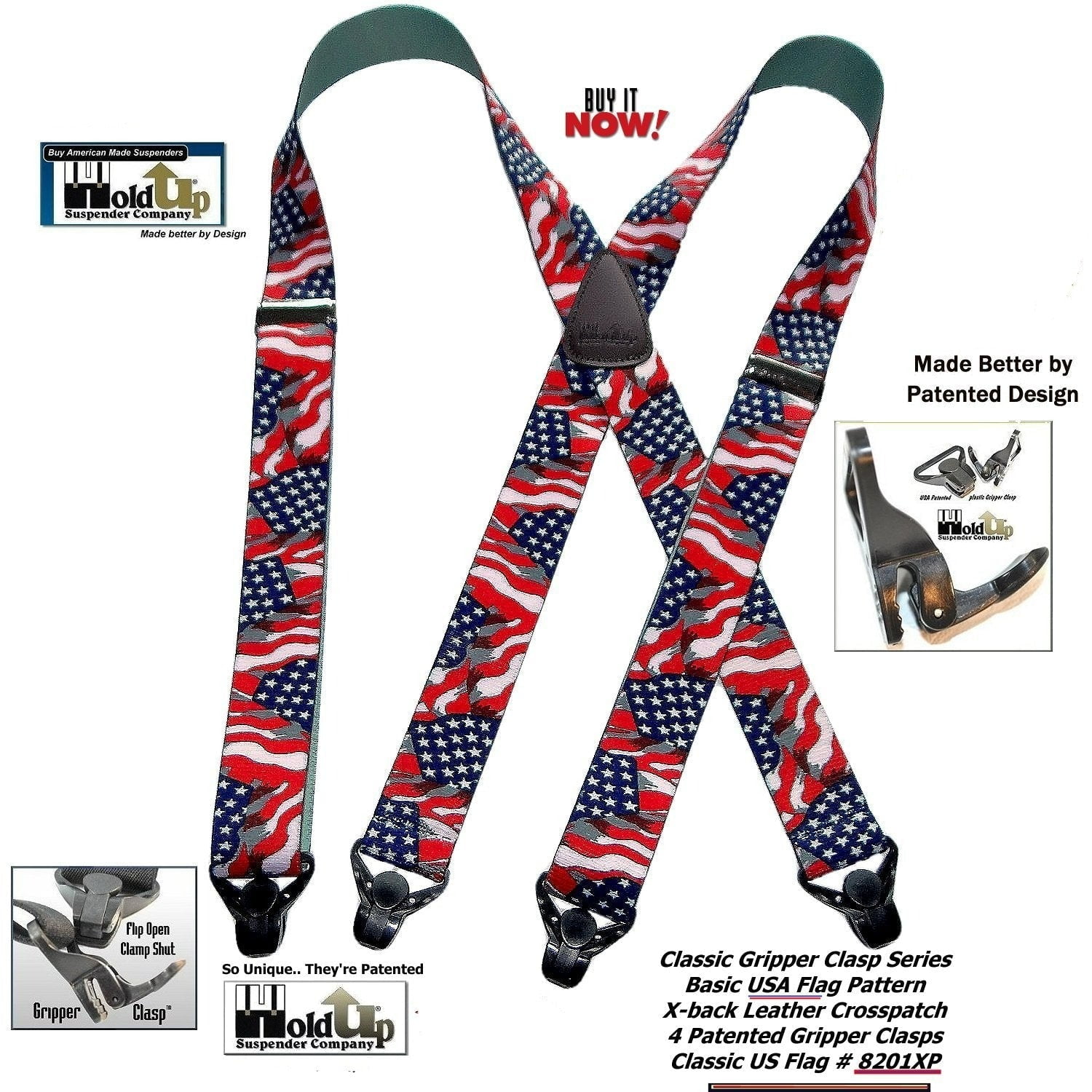 Classic Series American Flag Suspender with USA Patented Black Gripper ...