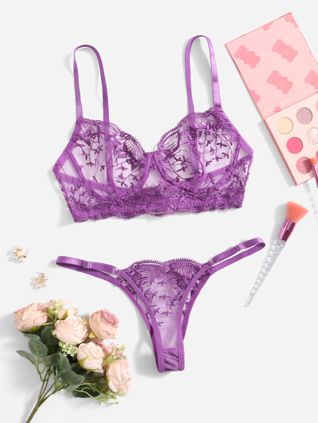 Classic Sexy Embroidered Mesh Underwire Lingerie Set - Walmart.com
