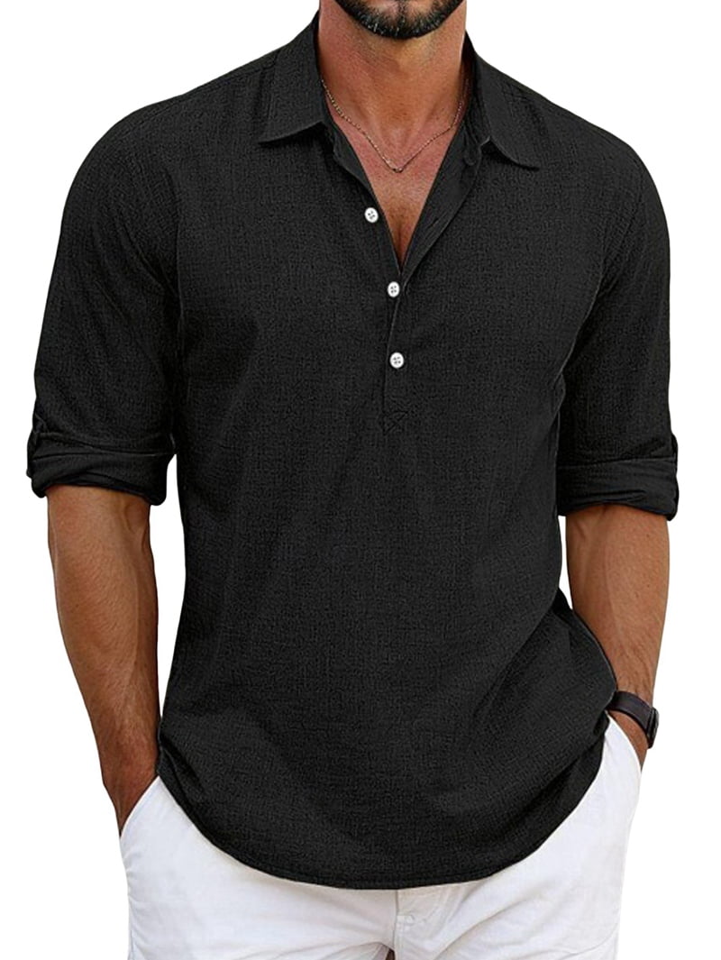 Classic Shirts Mens Linen Long Sleeve Button-Up Lapel Shirts Casual ...