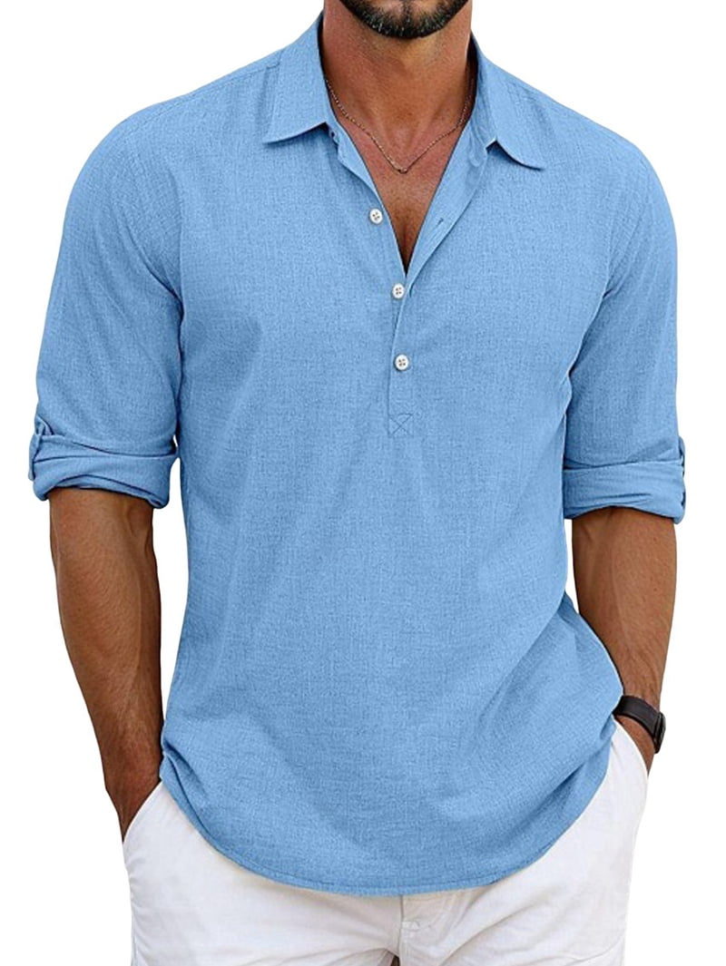 Classic Shirts Mens Linen Long Sleeve Button-Up Lapel Shirts Casual ...