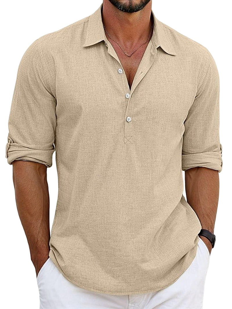 Classic Shirts Mens Linen Long Sleeve Button-Up Lapel Shirts Casual Summer Beach Shirt Khaki S ...