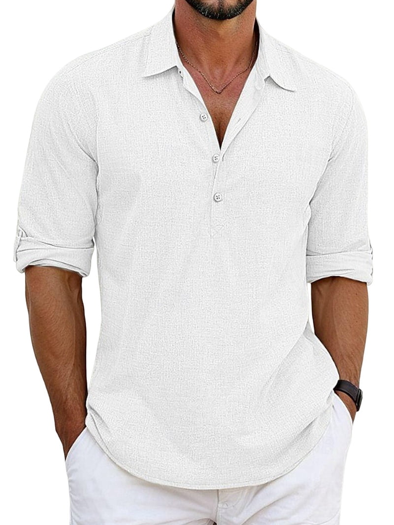 Classic Shirts Mens Linen Long Sleeve Button-Up Lapel Shirts Casual ...