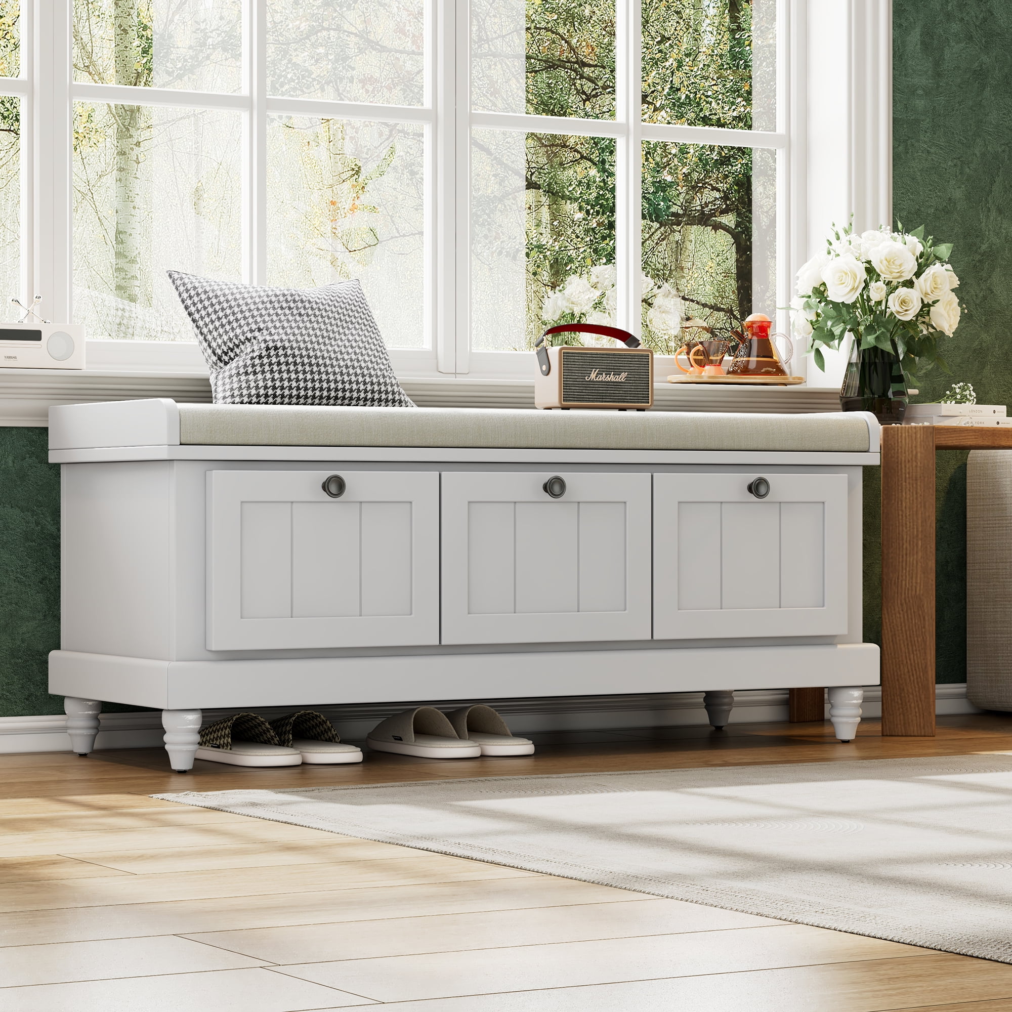 Classic Shoe Bench with Cushion and Three Drawers, Fluted Entryway ...