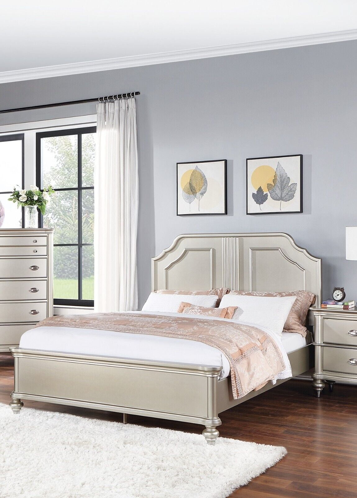 Classic Silver Finish Queen Size Bed 1pc Bedframe Bedroom Furniture 2 ...
