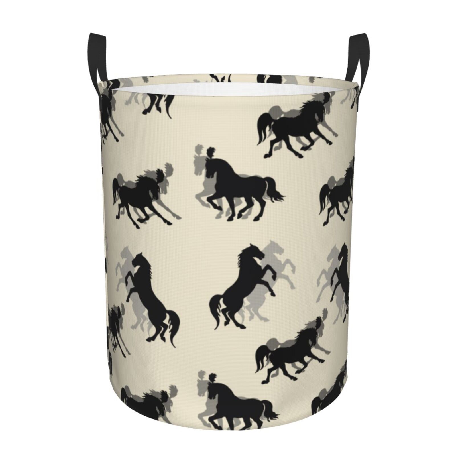 Classic Simple Cool Horse Black Round Laundry Basket, Laundry Hamper ...
