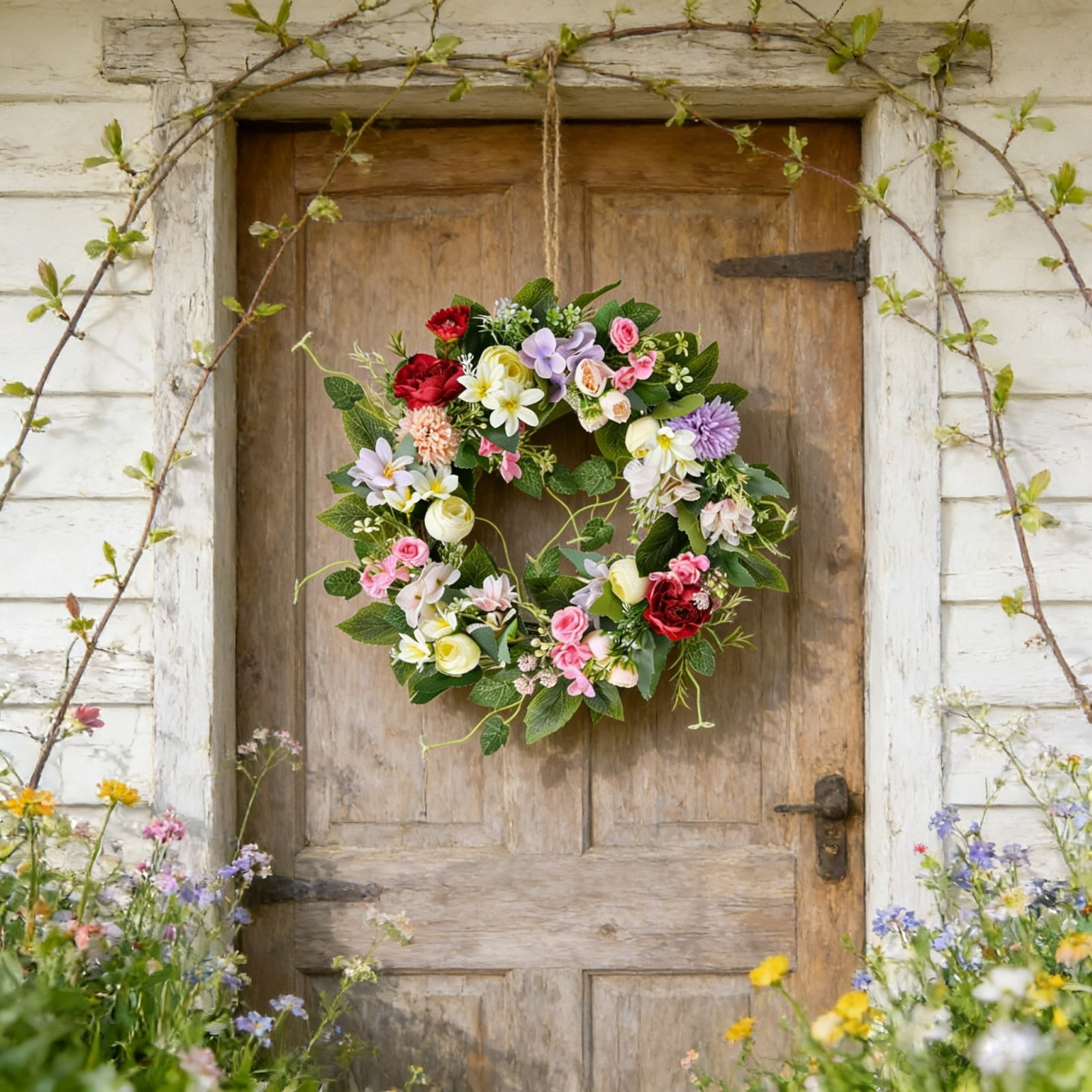 Classic Size Artificial Wreath, Plastic Green Leaves and Flowers ...