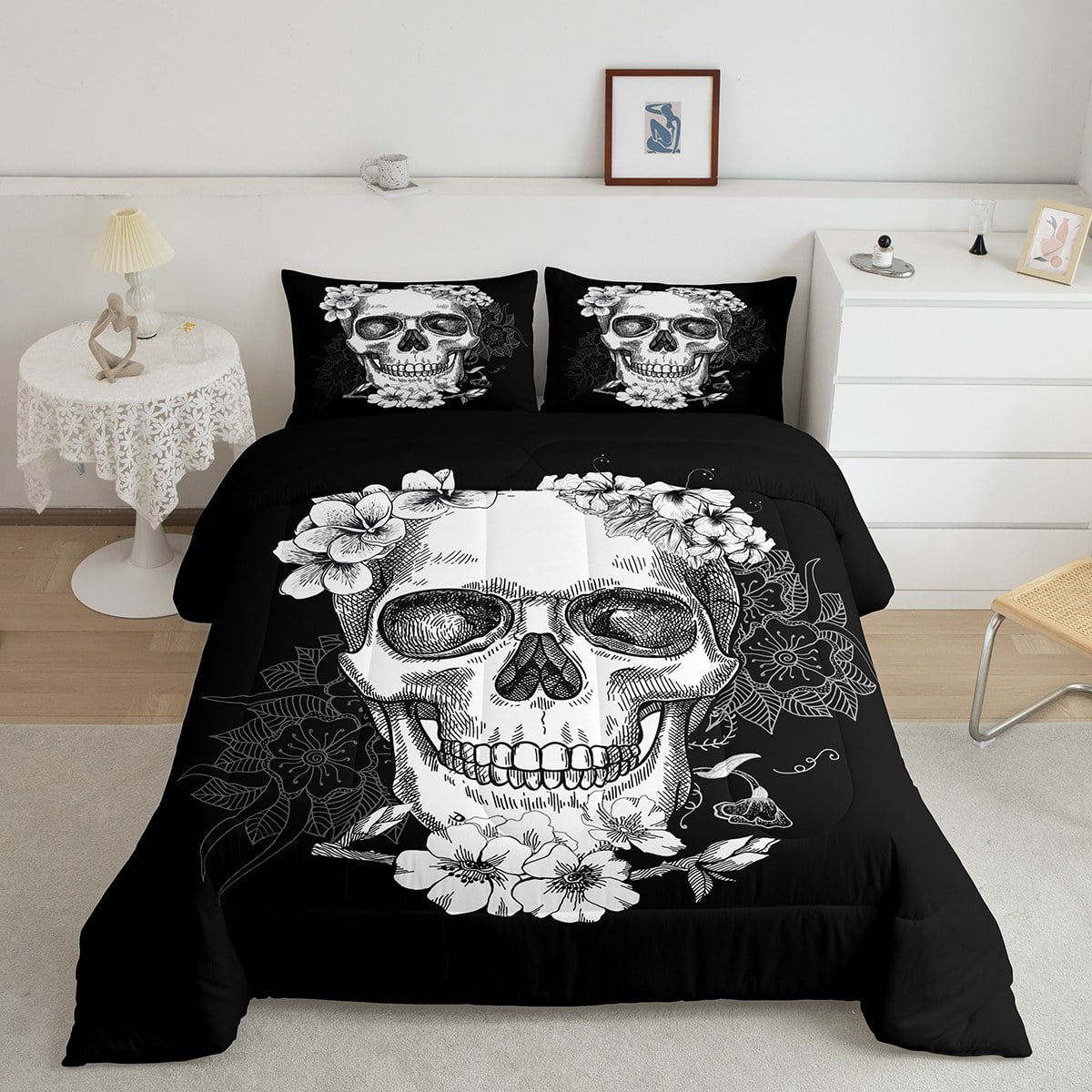 Classic Skull and Roses Comforter Set Queen Size Skull Gothic Bedding ...