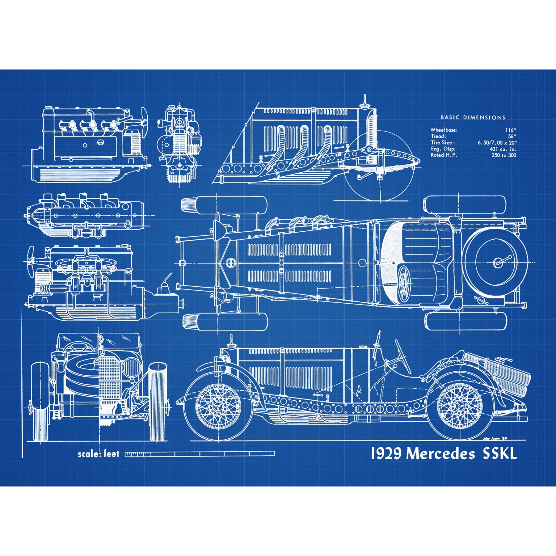 Classic Sports Car 1929 SSKL Blueprint Plan Extra Large XL Wall Art ...