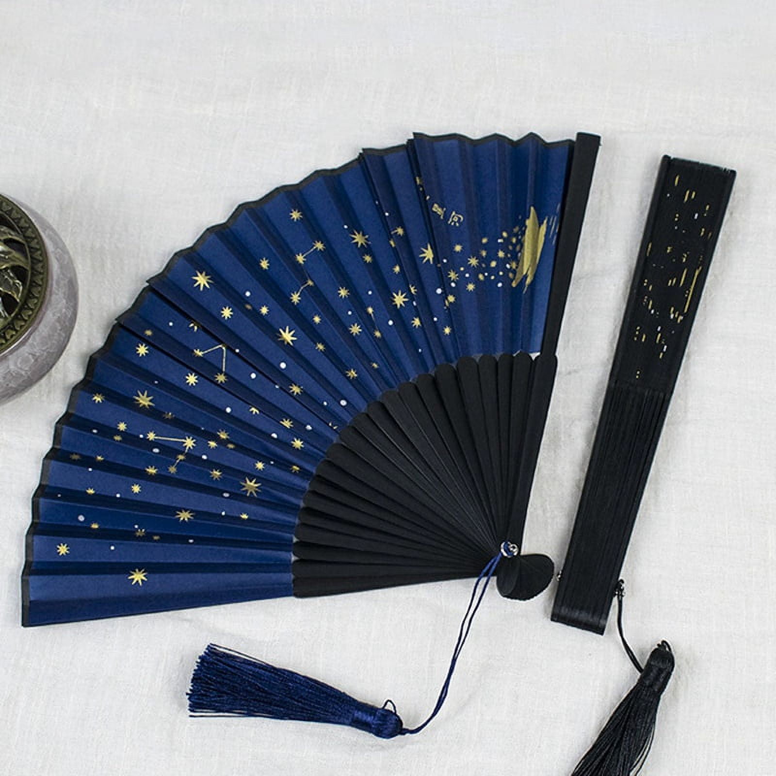 Classic Starry Silk Folding Fan,Chinese Japanese Fabric Bamboo Folding ...