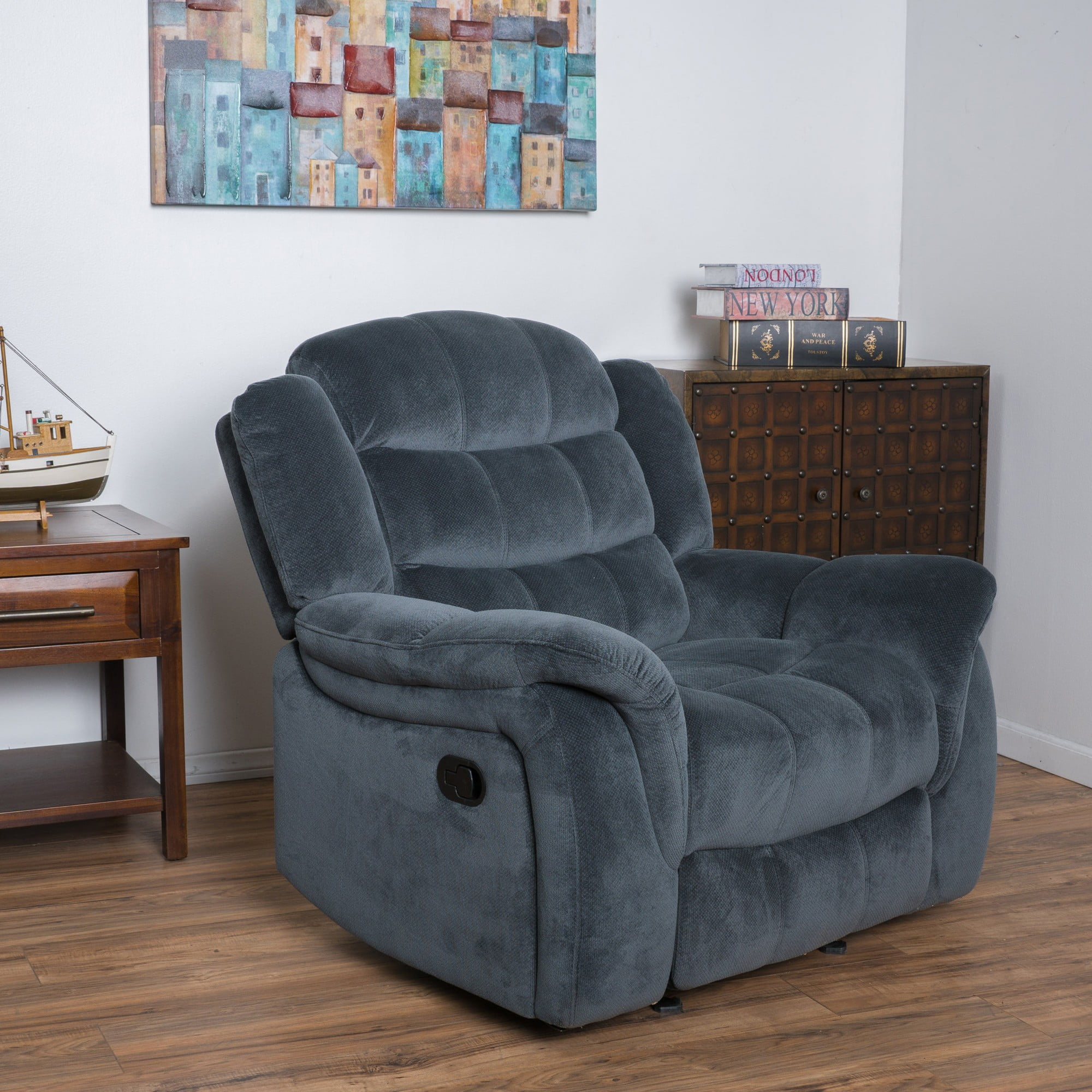 Classic Steel Gray Plush Fabric Glider Recliner - Comfortable Rocking ...