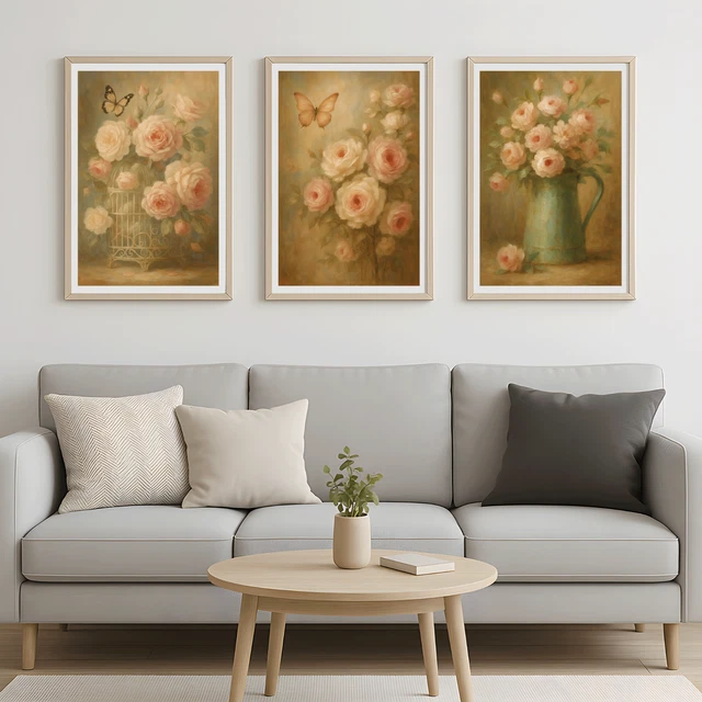 Classic Still Life Rose Prints Set of 3 | Cozy Botanical Wall Art for ...
