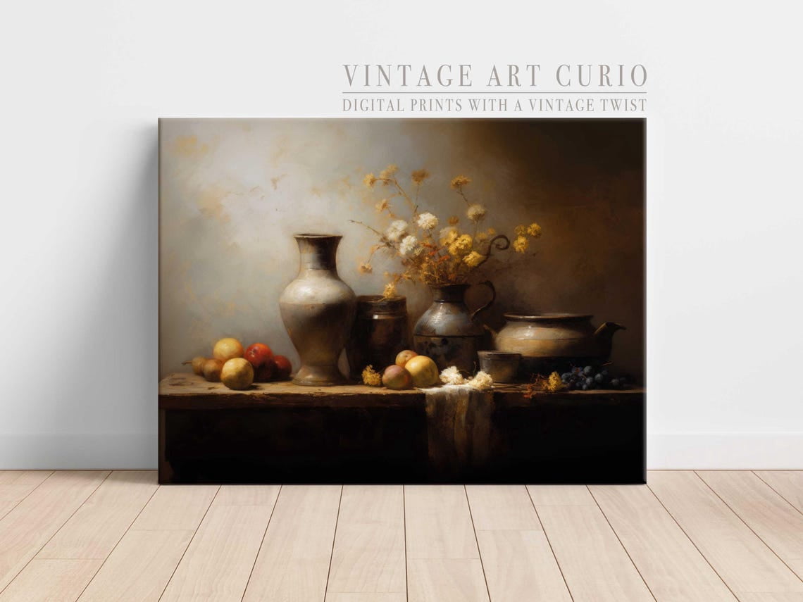 Classic Still Life Wall Art, Rustic Bronze Brown Fruit And Vase Scene ...