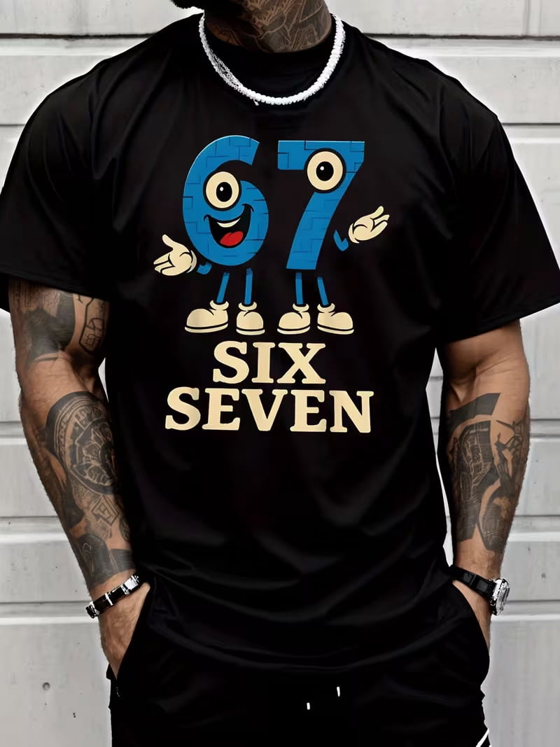 Classic Street Style Graphic T-Shirt with Blue Brick Pattern Number 67 ...
