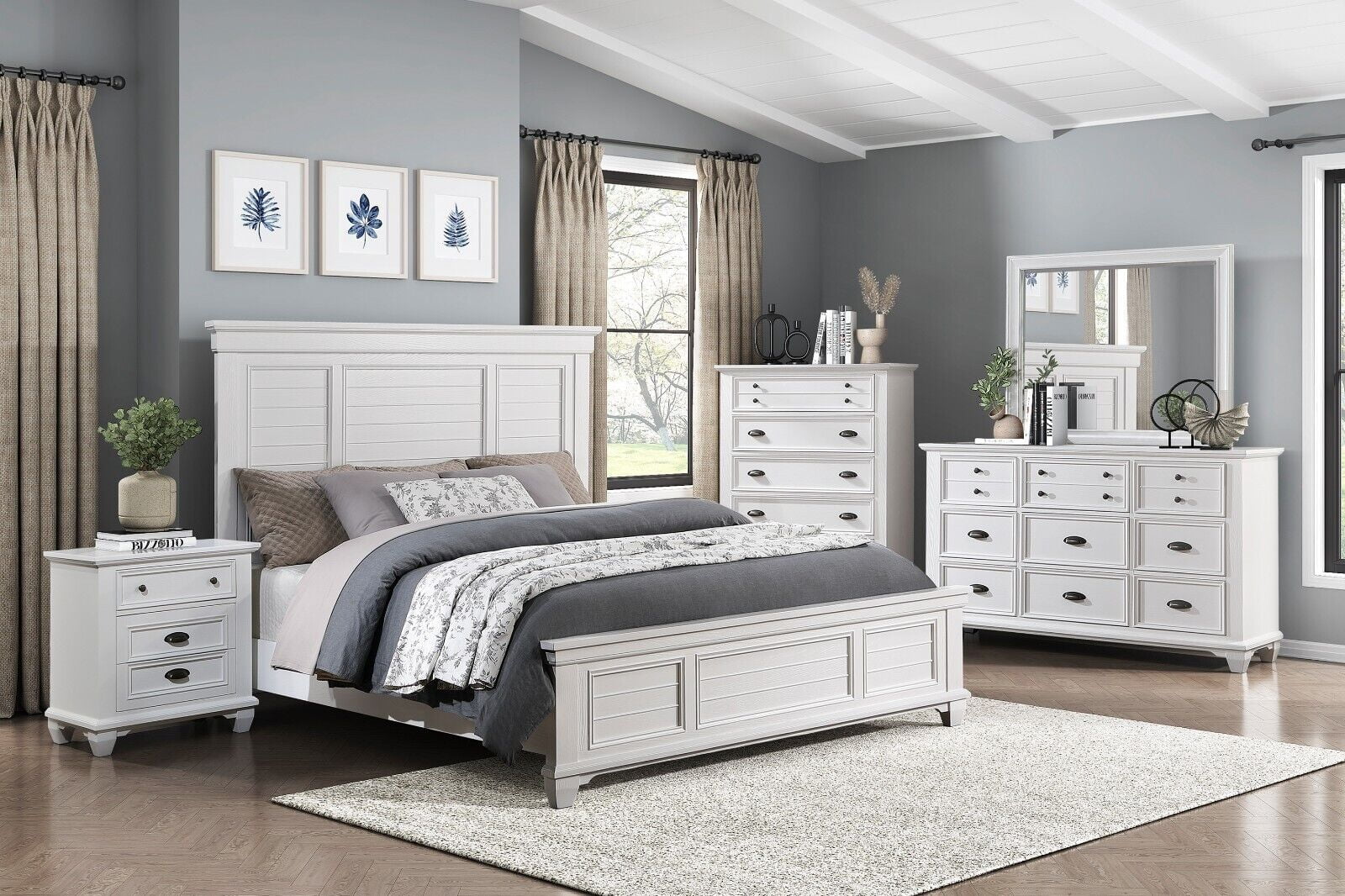 Classic Style 6pc Master Bedroom Set Queen Bed Nightstand Chest Dresser Mirror Traditional White ...