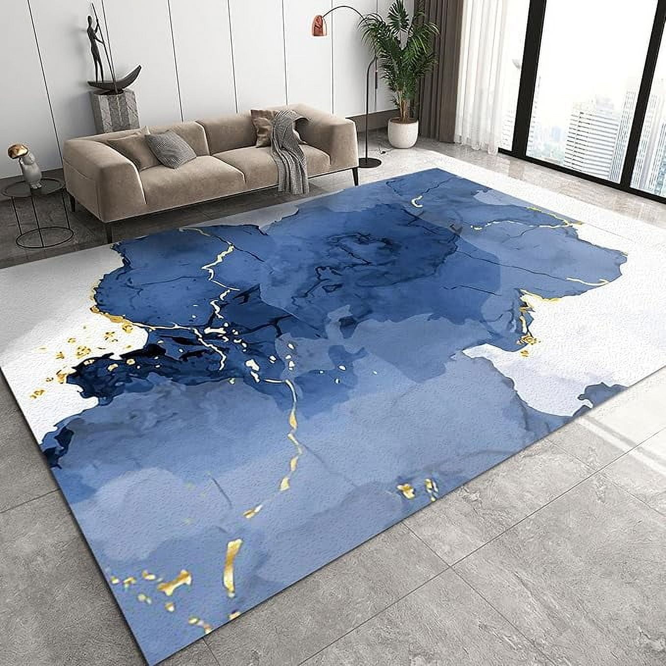 Classic Style Durable Rug, Watercolor Painting Abstract Blue Gold ...