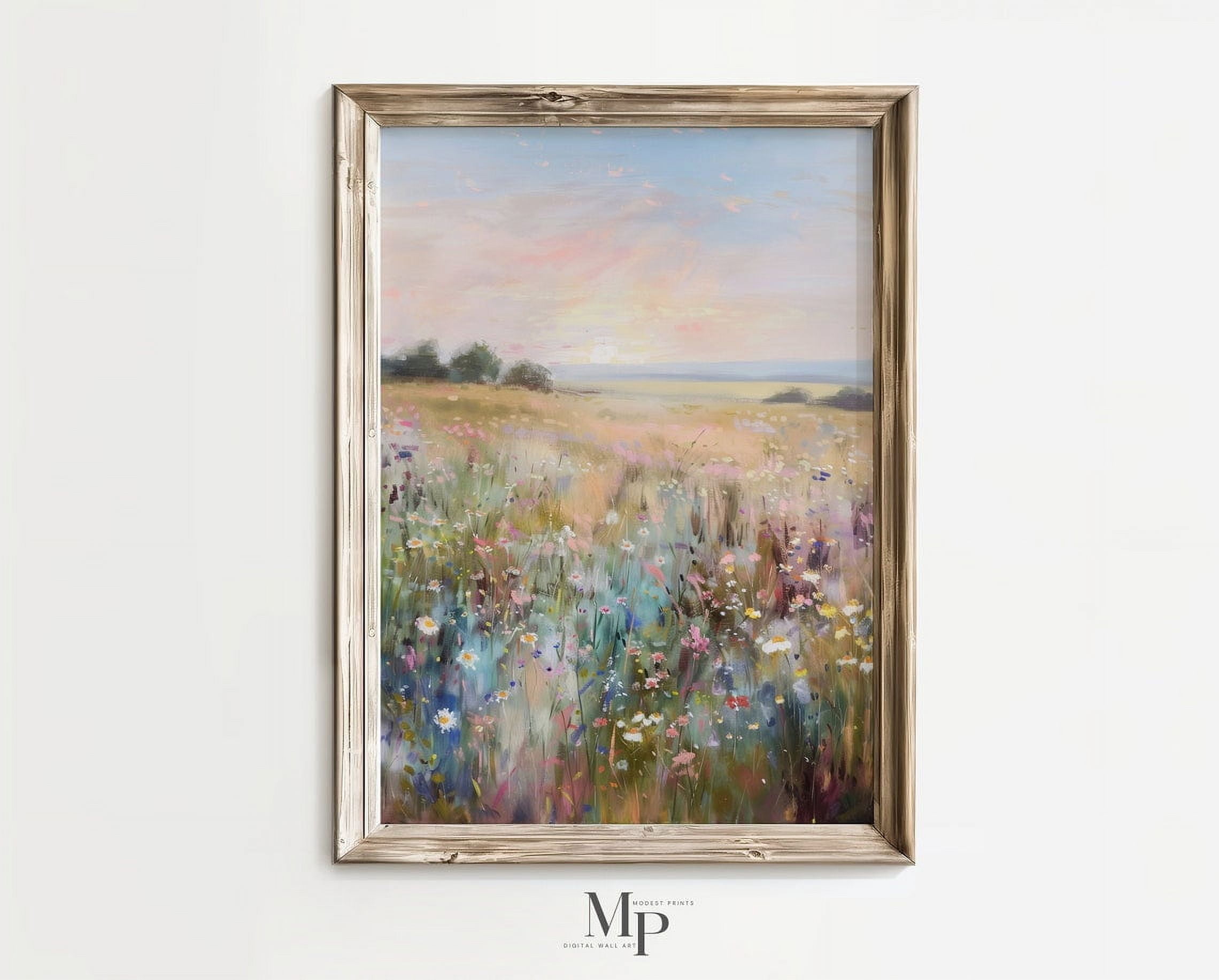Classic Sunset Landscape Oil Painting, Wildflower Field Landscape Art ...
