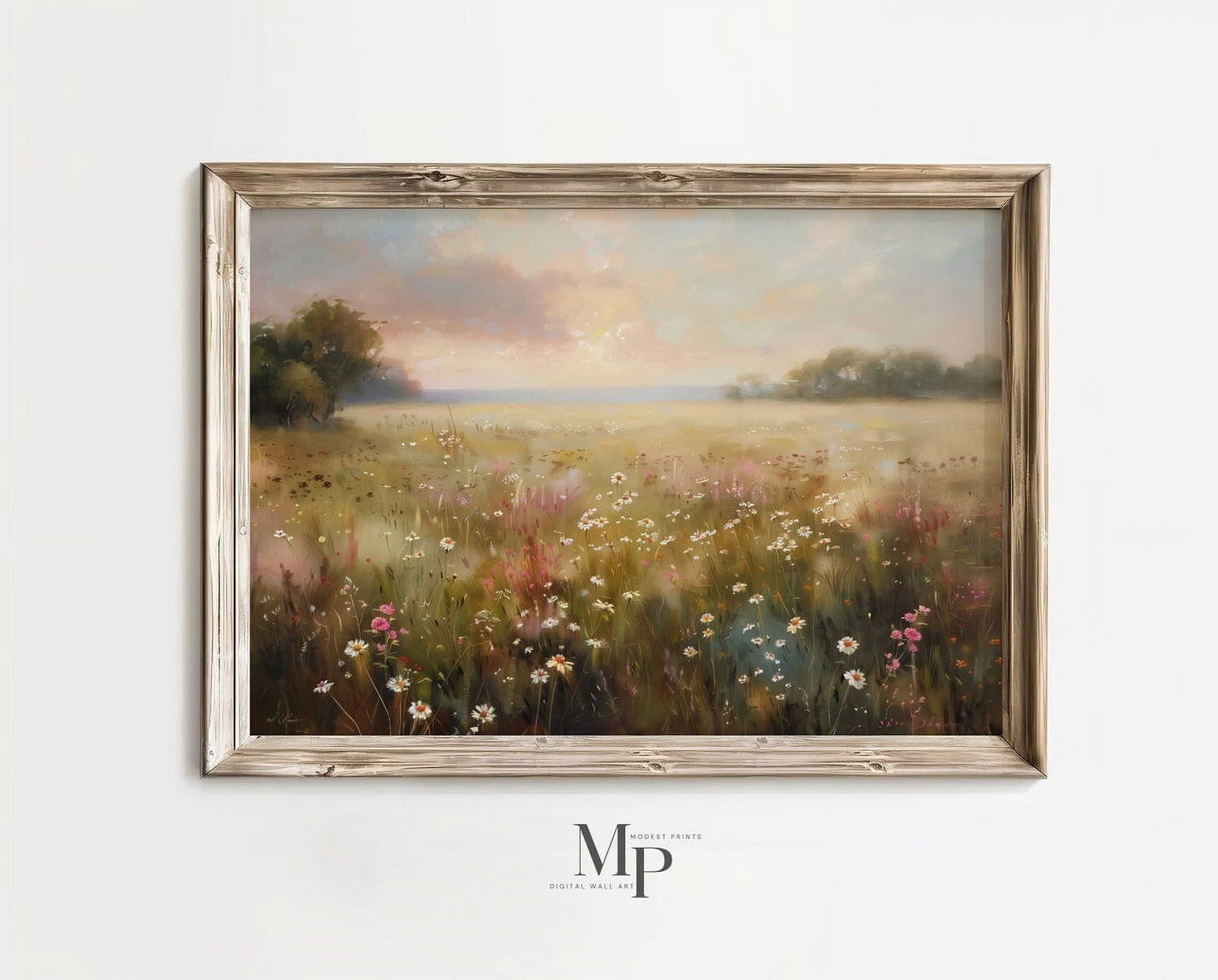 Classic Sunset Landscape Oil Painting, Wildflower Field Landscape Art ...