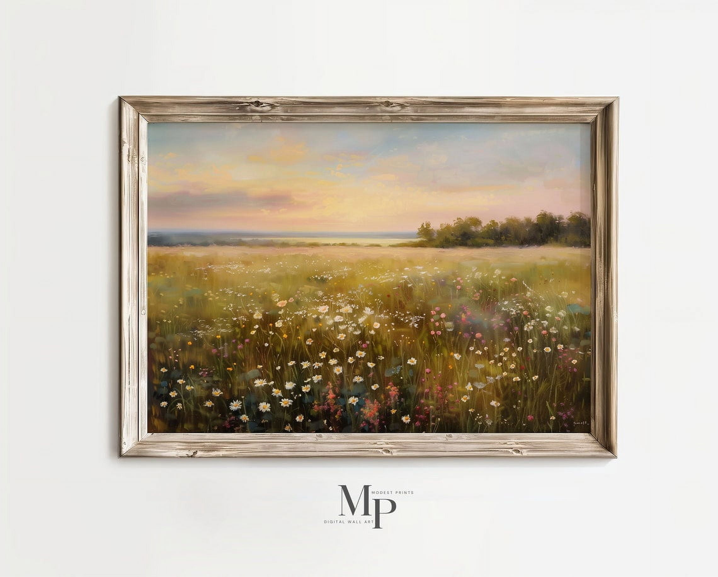 Classic Sunset Landscape Oil Painting, Wildflower Field Landscape Art ...