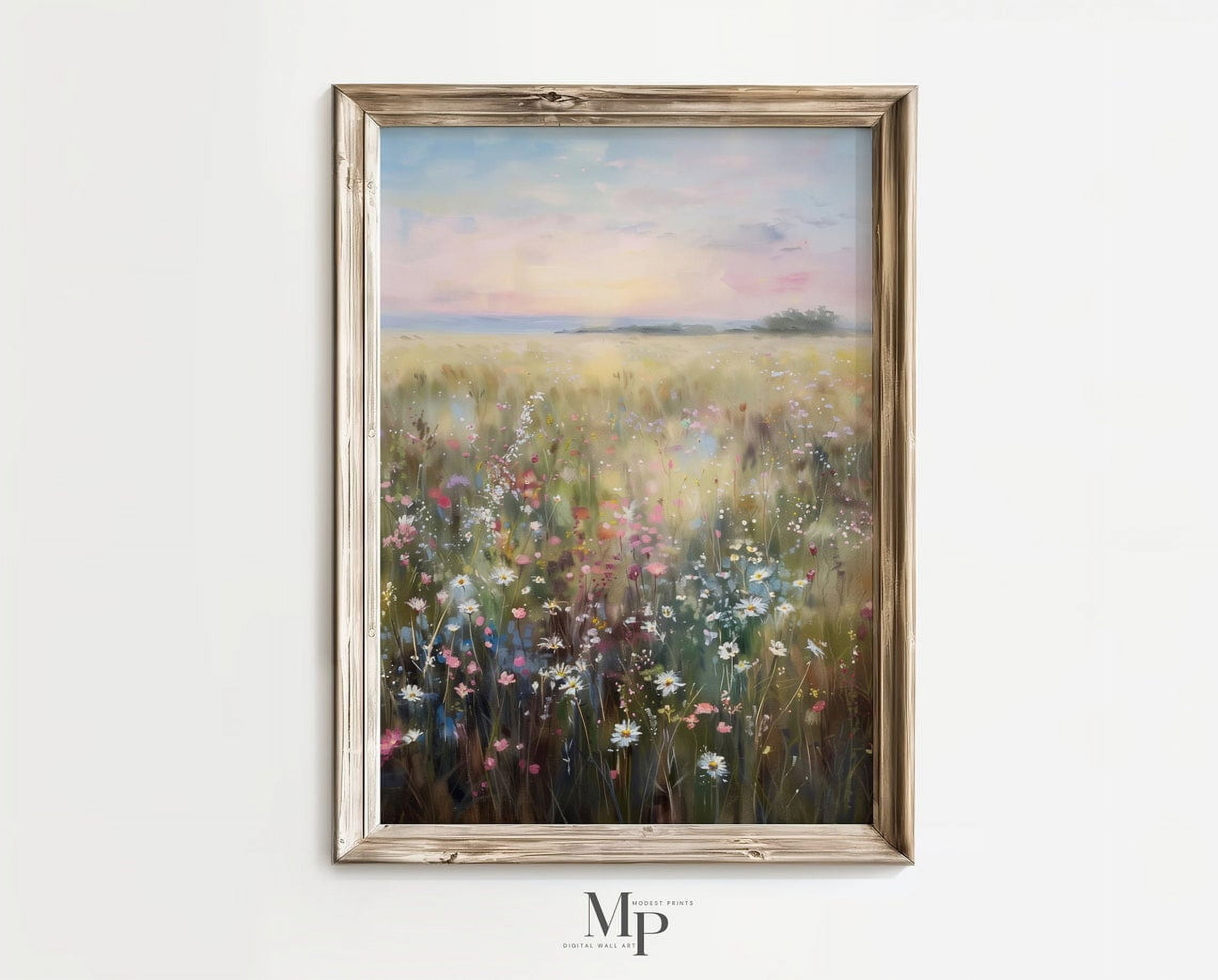 Classic Sunset Landscape Oil Painting, Wildflower Field Landscape Art ...