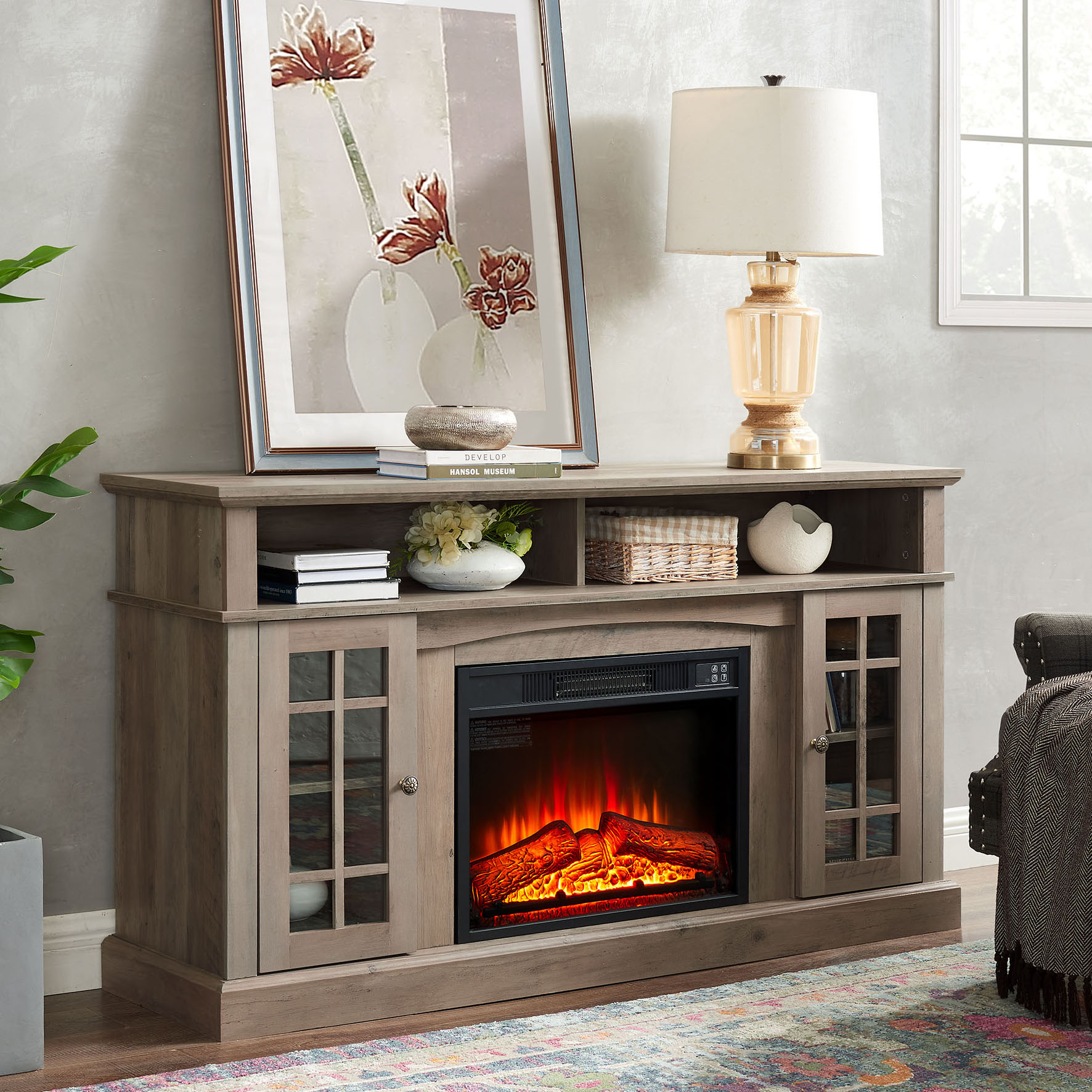 Classic TV Media Stand In Gray Wash With 23 Inch Fireplace Insert For ...