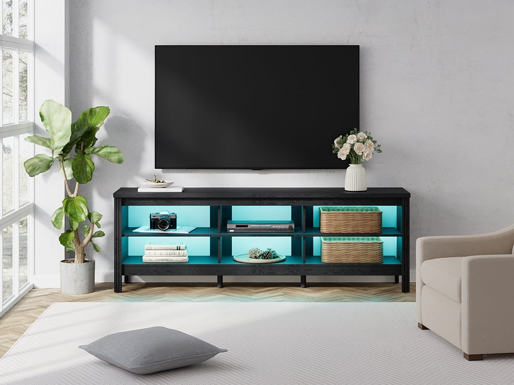 Classic TV Stand for 75 Inch Flat Screen with 16 Color LED, Wood ...