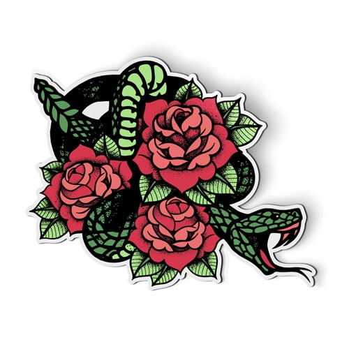 Classic Tattoo Style Snake Roses - 5" Magnet for Car Locker ...