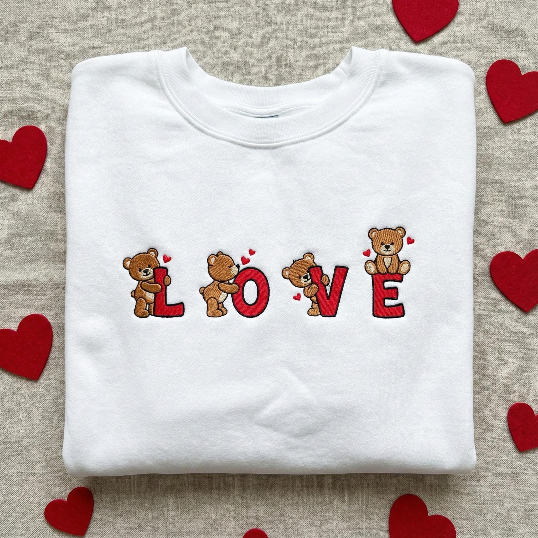 Classic Teddy Bear Love Embroidered Sweatshirt, Heart Bear Crewneck ...