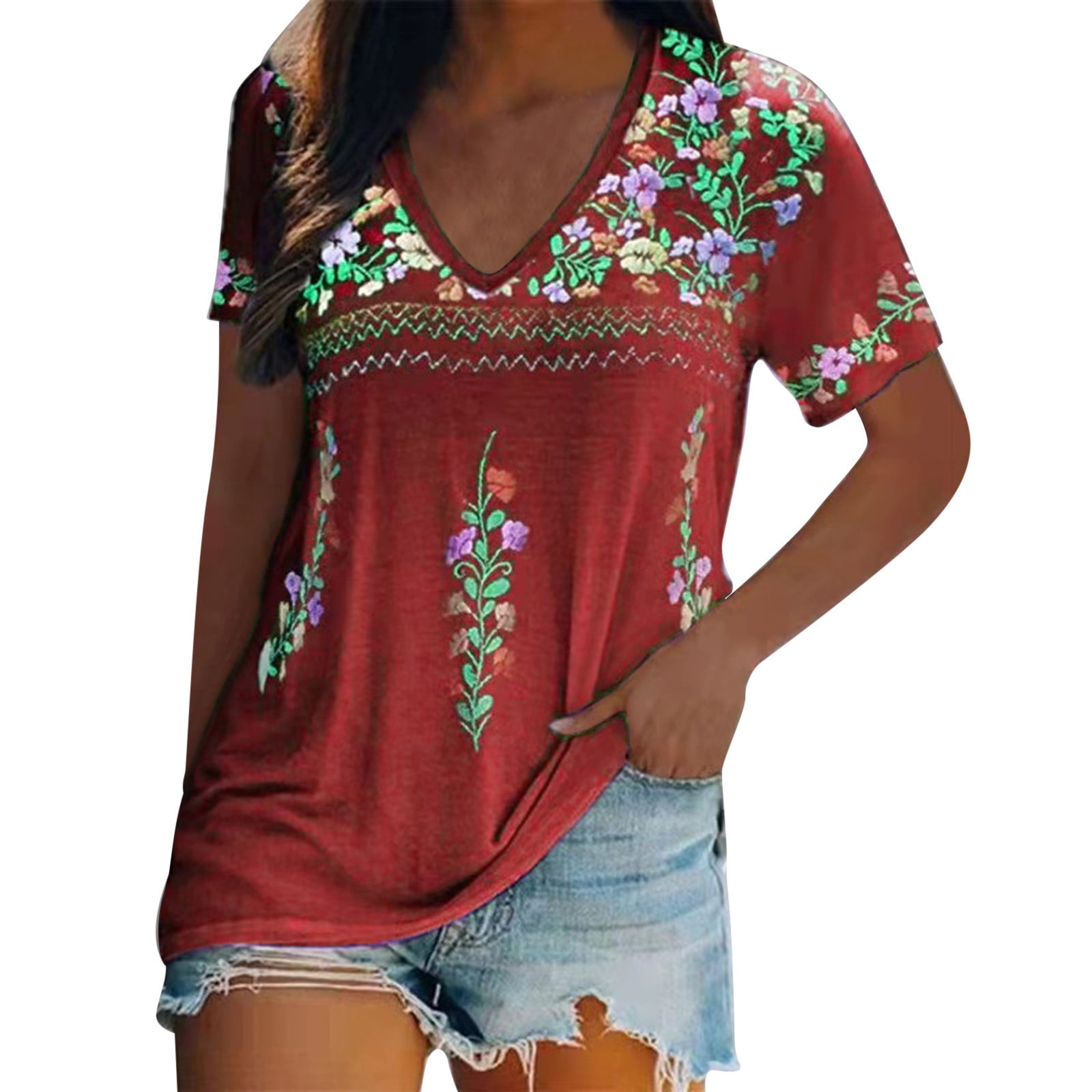 Classic Tops For Women Summer V Neck Flower Print Short Sleeve T Shirt