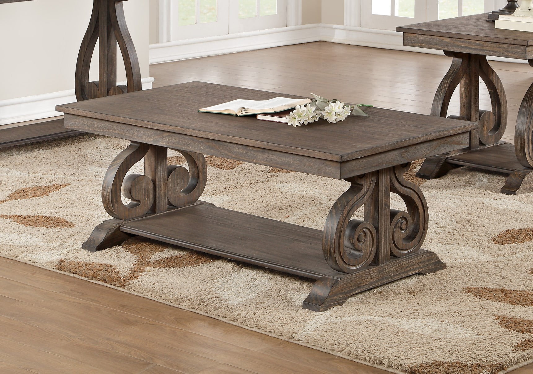 Classic Traditional Cocktail Table with Bottom Shelf Dark Oak Finish ...