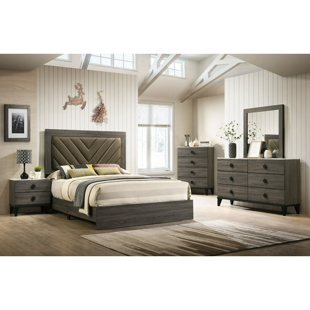 Classic Transitional Gray 6pc Bedroom Queen Size Bed Set Dresser Mirror ...