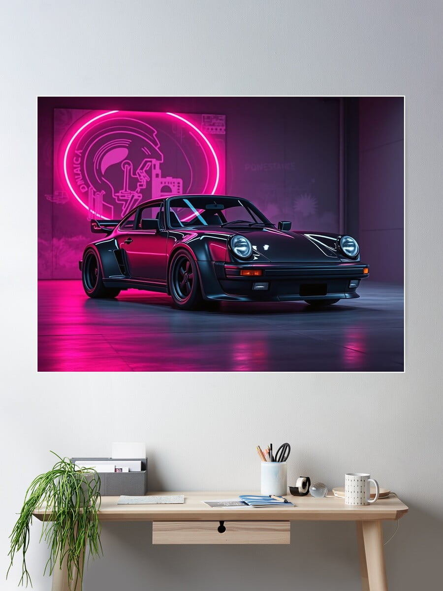 Classic Tuned Porsche In Front Of Neon Art Poster Wall Art, Modern Wall ...