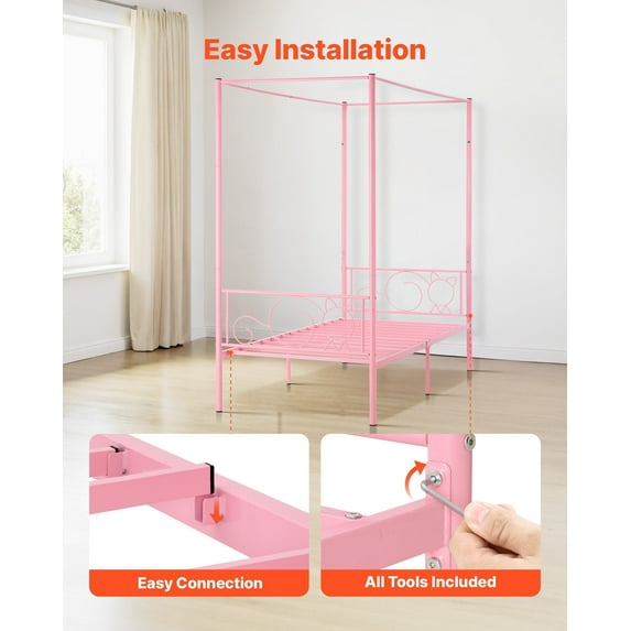 Classic Twin Canopy Bed Frame with Headboard - Durable Metal Four ...