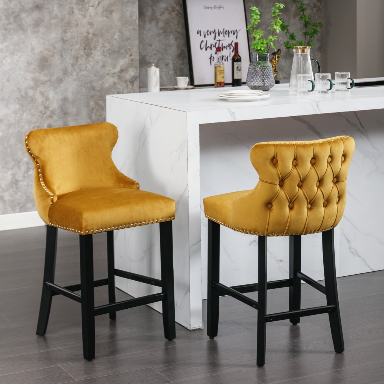 Classic Velvet Bar Stools set of 2, Upholstered Stools with Button ...
