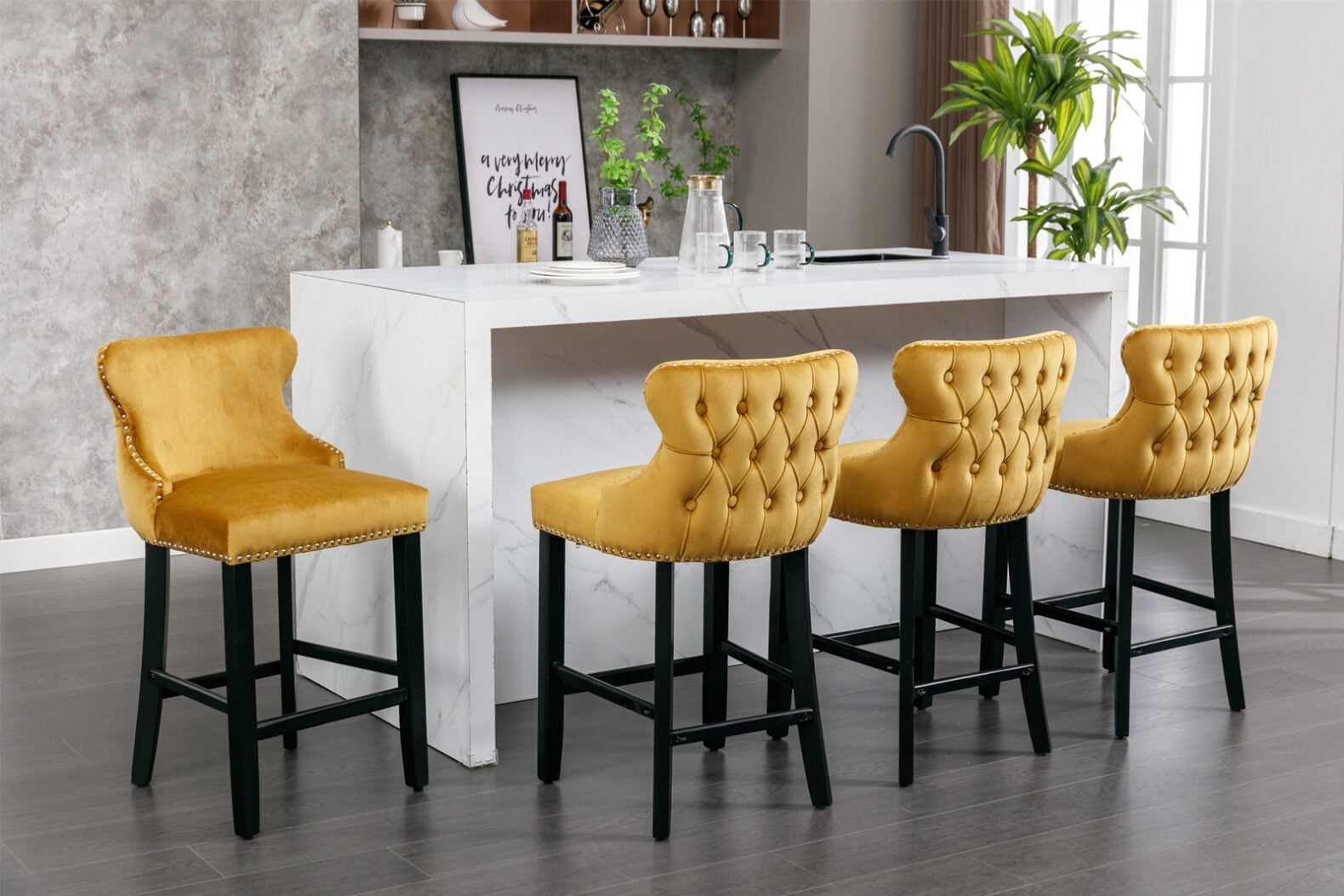 Classic Velvet Bar Stools set of 4, Upholstered Stools with Button ...