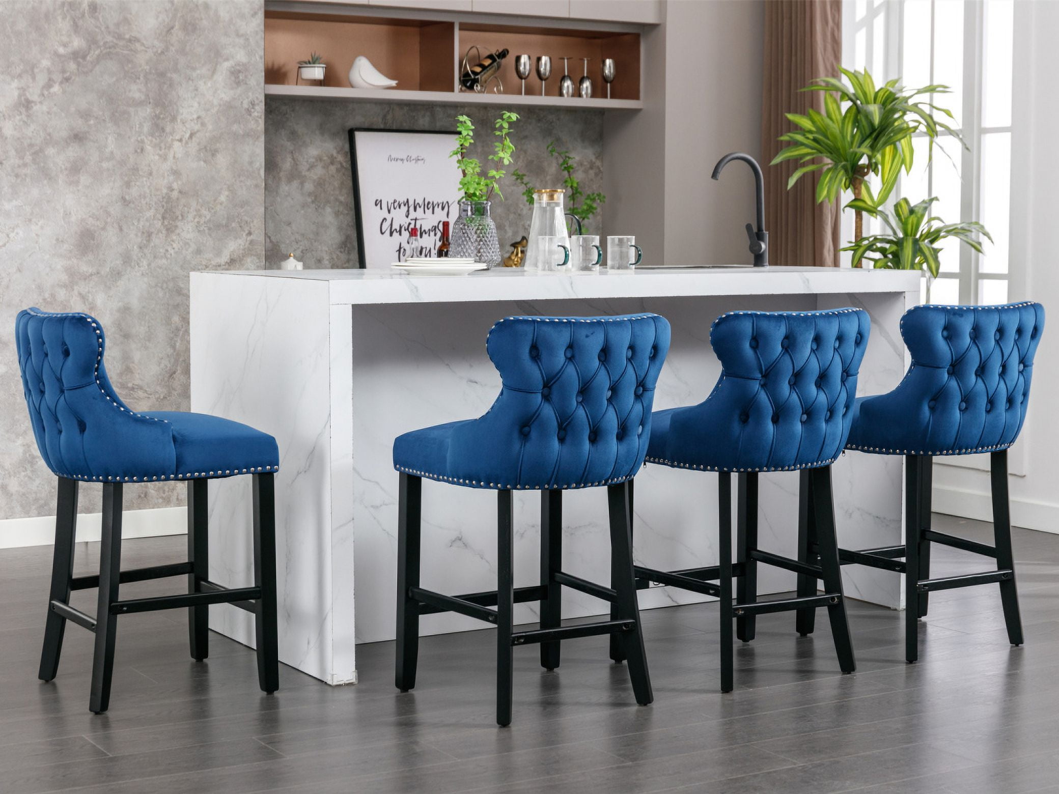 Blue Velvet Bar Stools Set of 4, Upholstered with Button Tufted ...