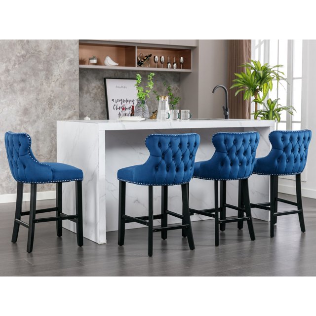 Blue Velvet Bar Stools Set of 4, Upholstered with Button Tufted ...