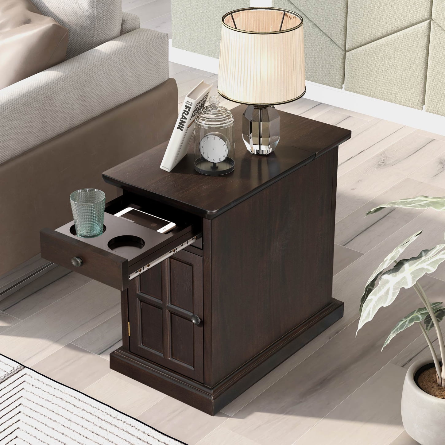 Classic Vintage End Side Table with USB Ports & Outlets, One ...