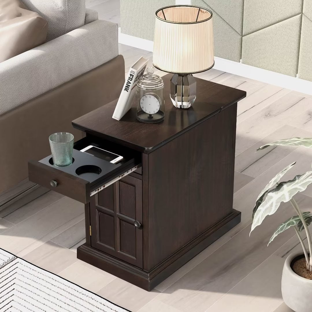 Classic Vintage End Table with USB Ports and 1 Drawer with Cup Holders ...