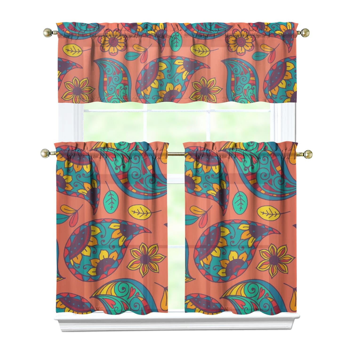 Classic Vintage Kitchen Window Curtains Set of 3, Colorful Boho Tier ...