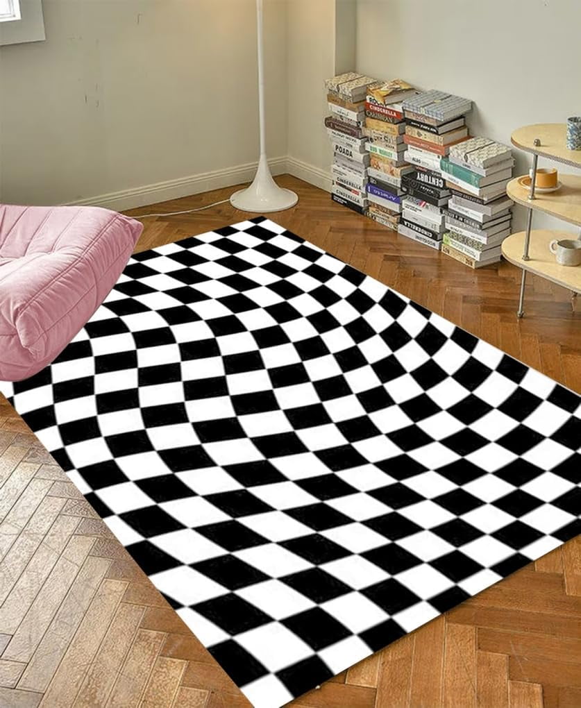 Classic Wavy Checkboard Black And White Area Rug Washable Checkered Rug ...