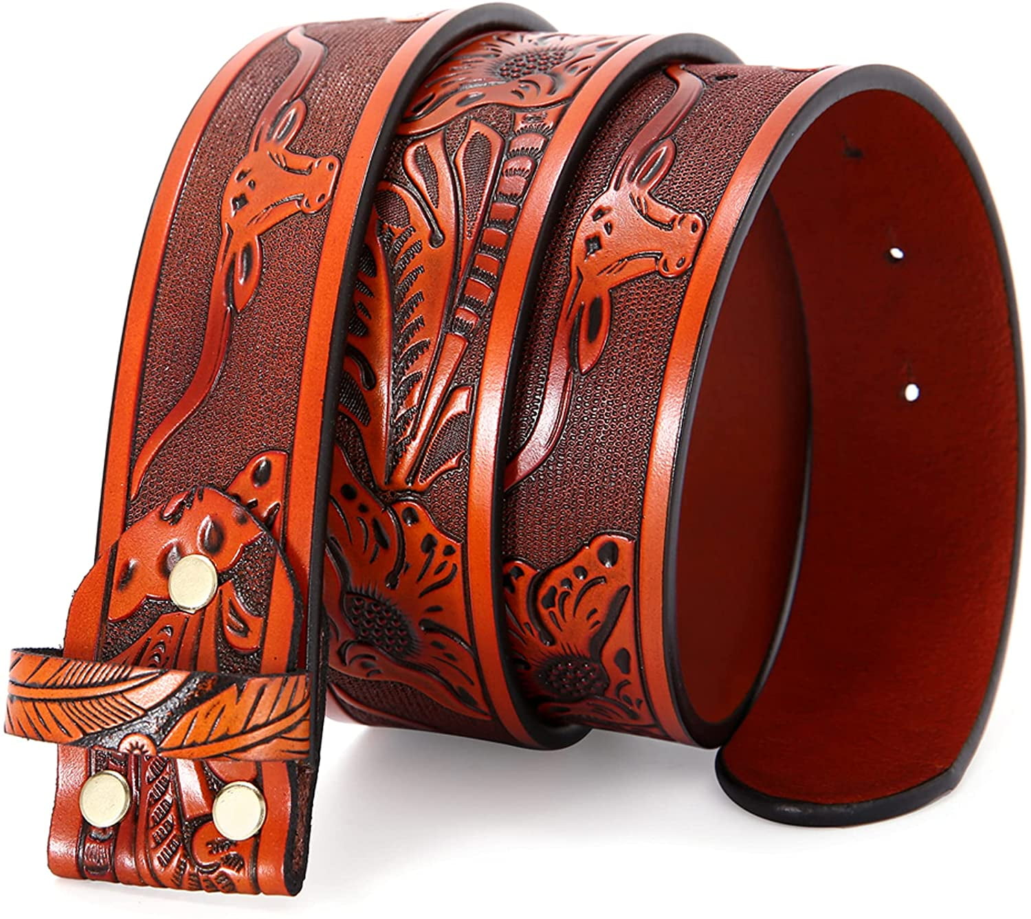 Classic Western Bull Head Design Leather Snap On Belt Mens Womens-NO ...