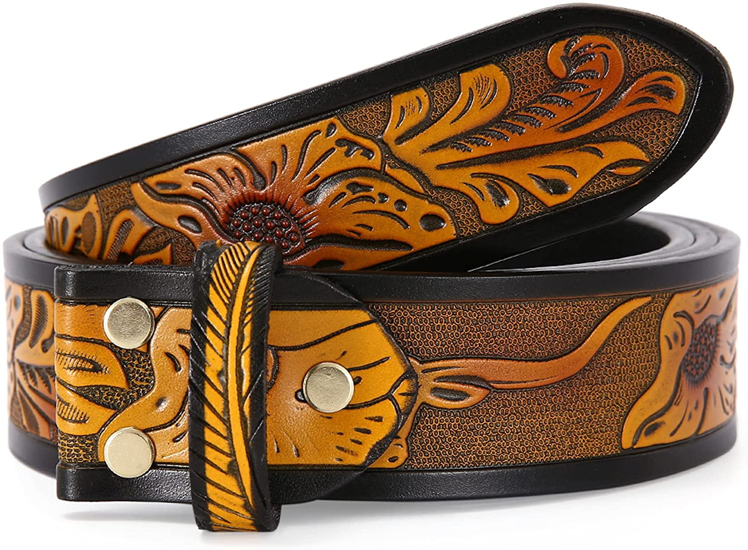 Classic Western Bull Head Design Leather Snap On Belt Mens Womens-NO ...