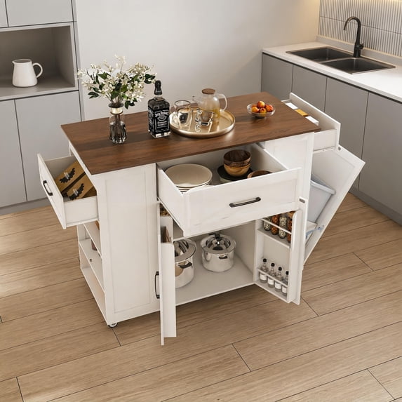 Classic White 46-Inch Farmhouse Kitchen Island on Wheels with Two ...