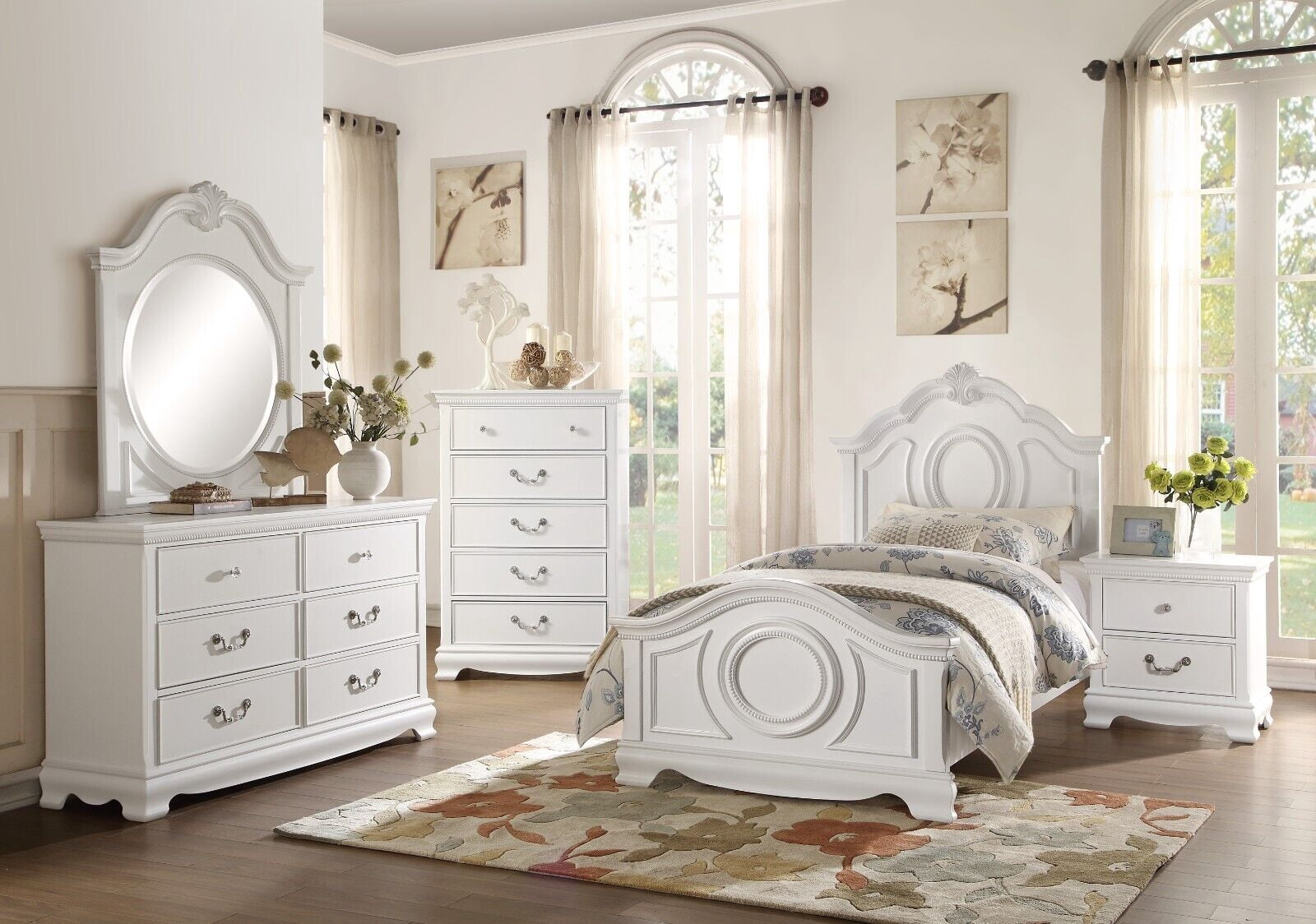 Classic White Finish 6pc Bedroom Set Panel Twin Bed Nightstands Dresser ...