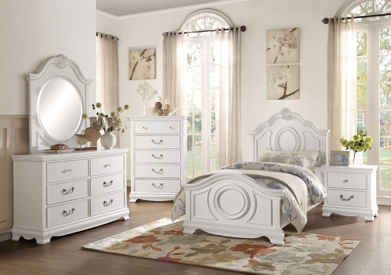 Classic White Finish 6pc Full Bedroom Set Panel Bed Nightstands Dresser ...