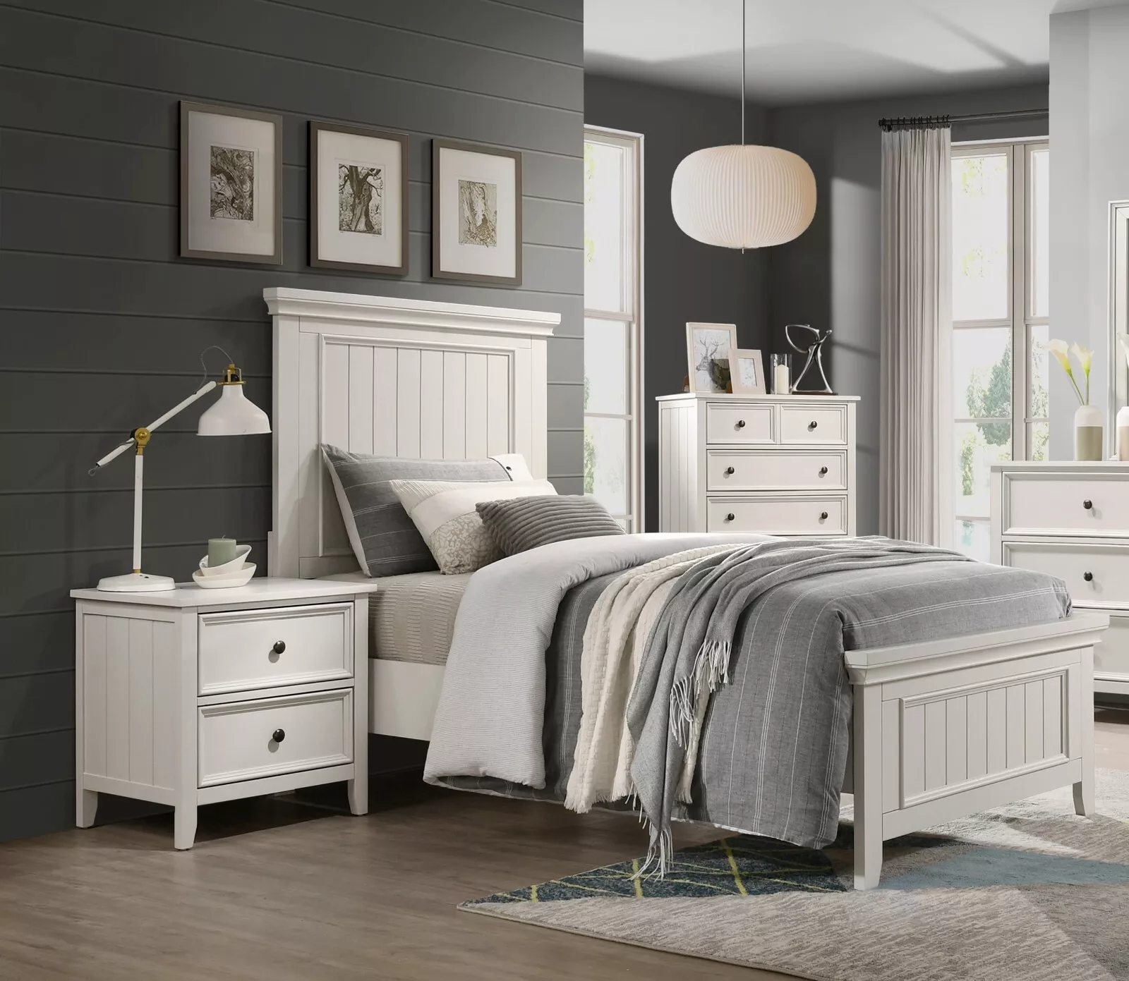 Classic White Finish Twin Bed Chest Nightstand Set 3pc Bedroom ...