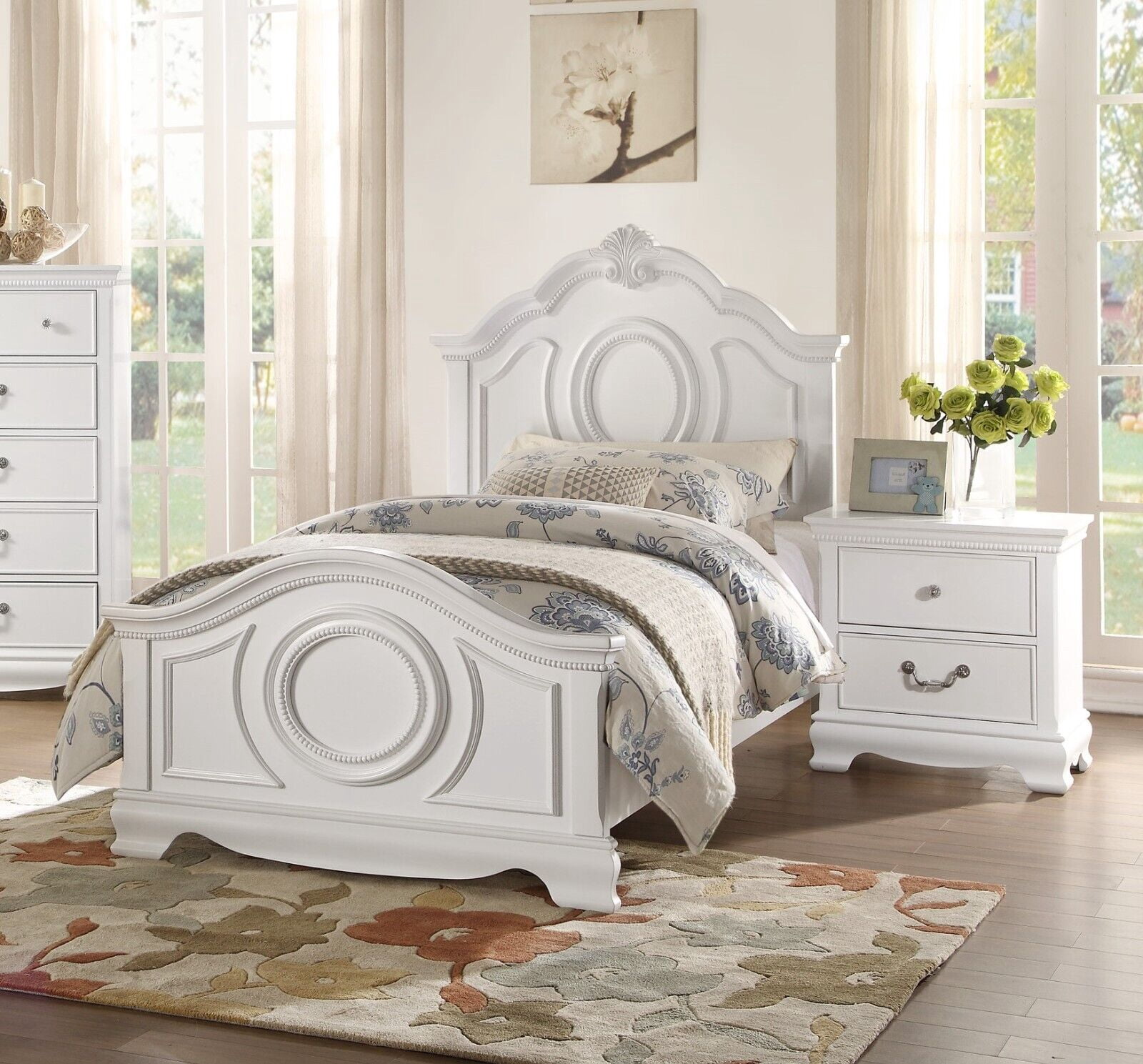 Classic White Finish Twin Panel Bed Nightstands Traditional Style 3pc ...