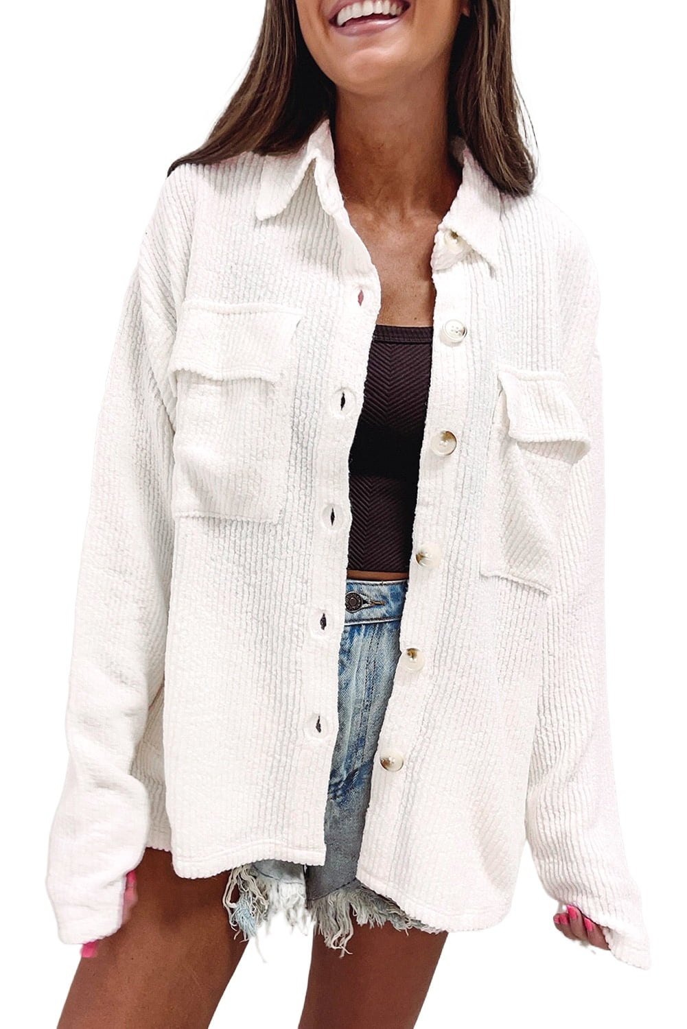 Classic White Solid Color Corduroy Jacket with Chest Pockets ...